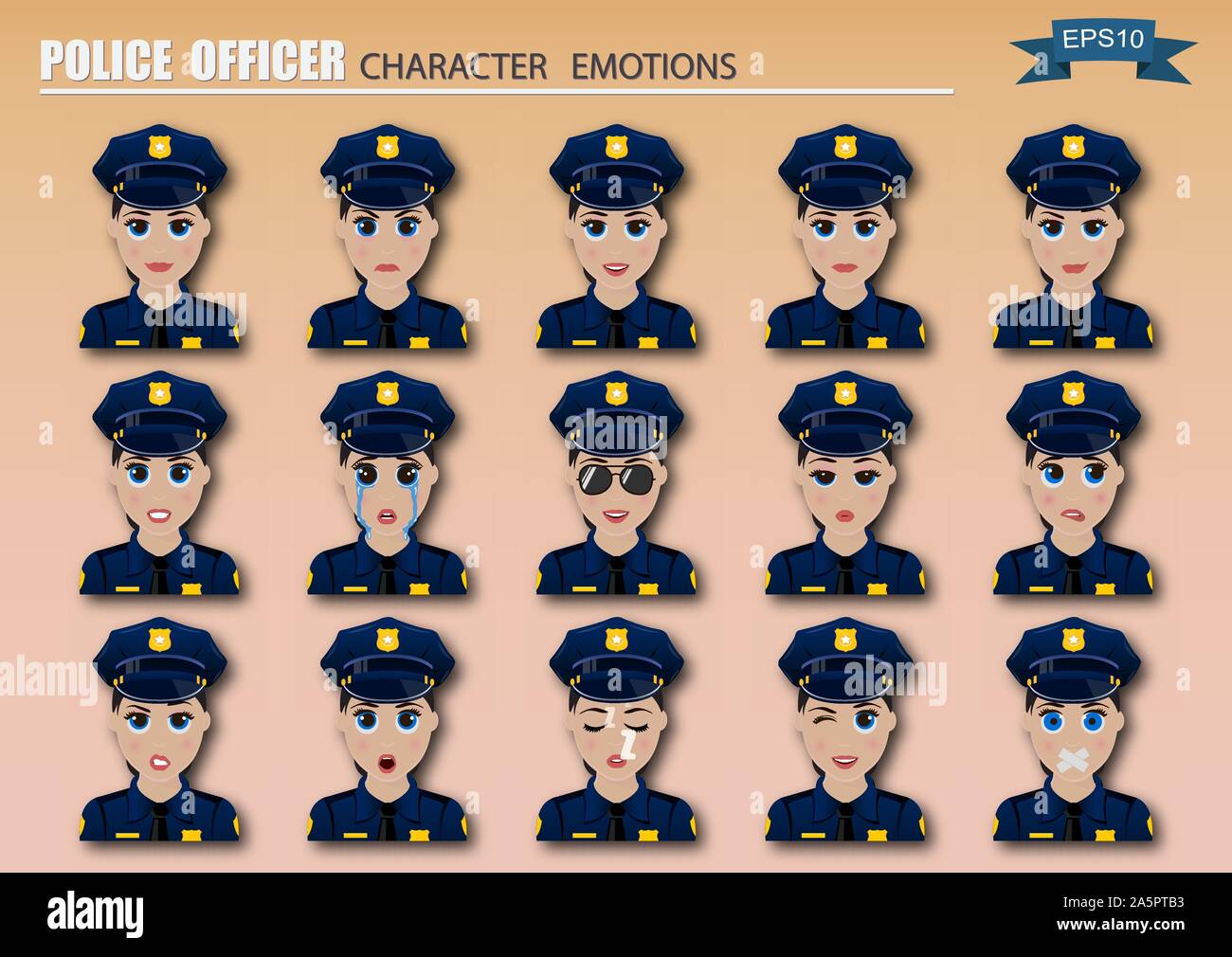 Set of police officer woman emoticons. Various emotions of the ...