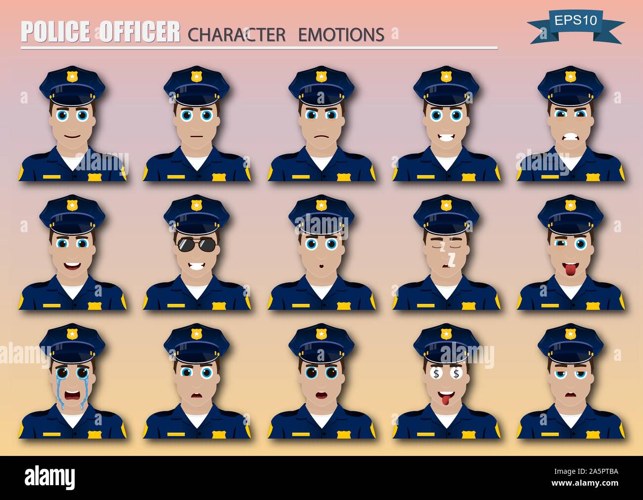 Set of police officer emoticons. Various emotions of the character. Set ...