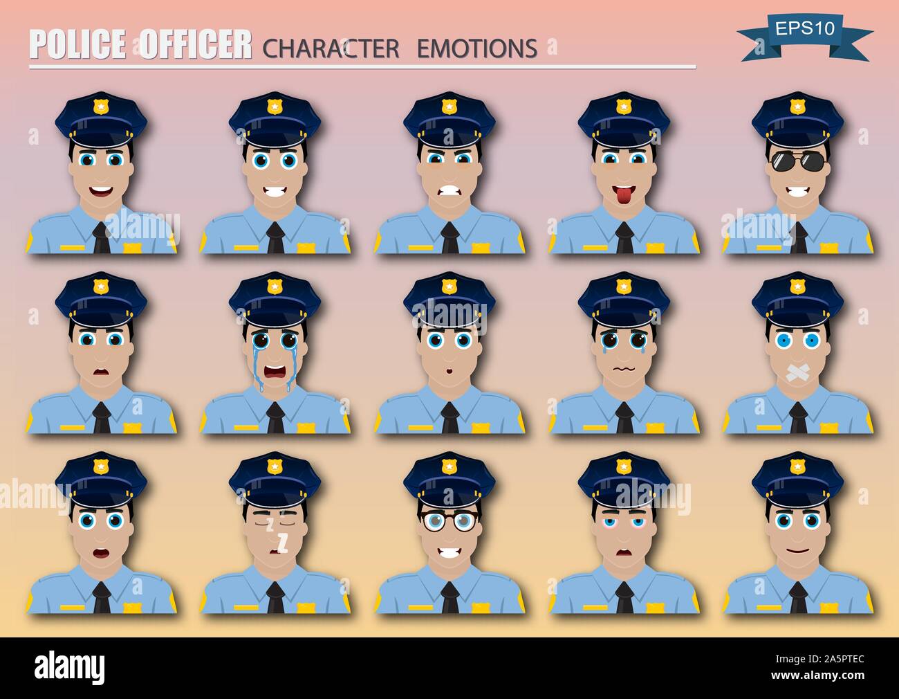 Set of police officer emoticons. Various emotions of the character. Set ...
