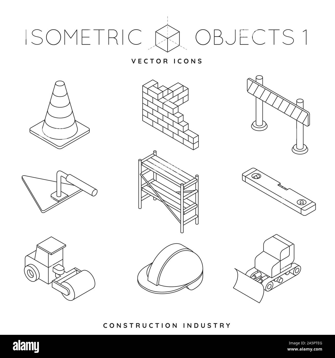 Collection Of Isometric Outline Icons Of Construction Equipment And Tools Like Steam Roller