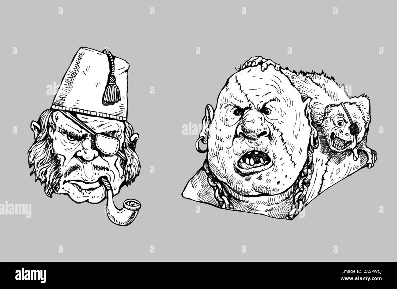 Funny pirate with monkey drawing. Corsair portrait illustration Stock ...