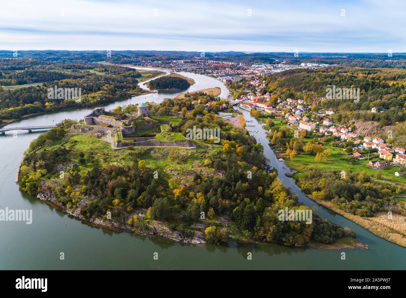 Aerial view of town near river Stock Photo - Alamy