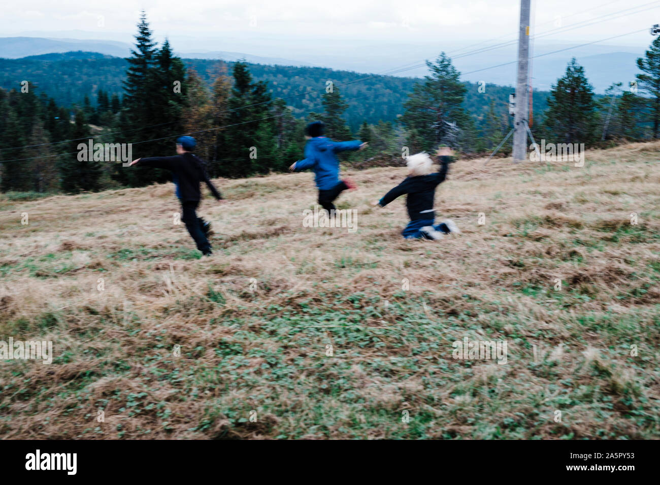 Kids running through meadow Stock Photo - Alamy
