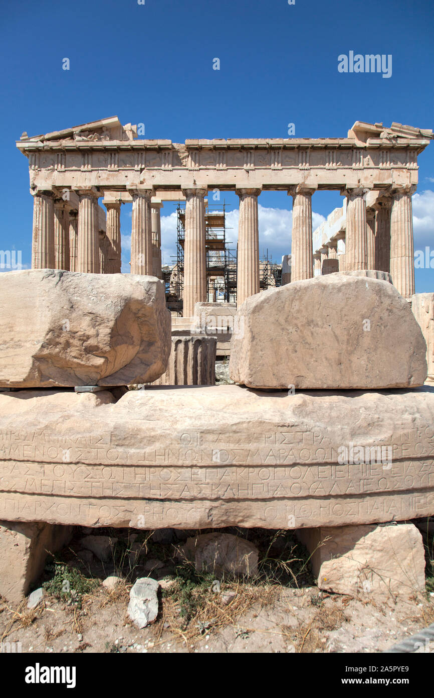 Large inscibed stone in front of the Parthenon at the Acropolis of ...