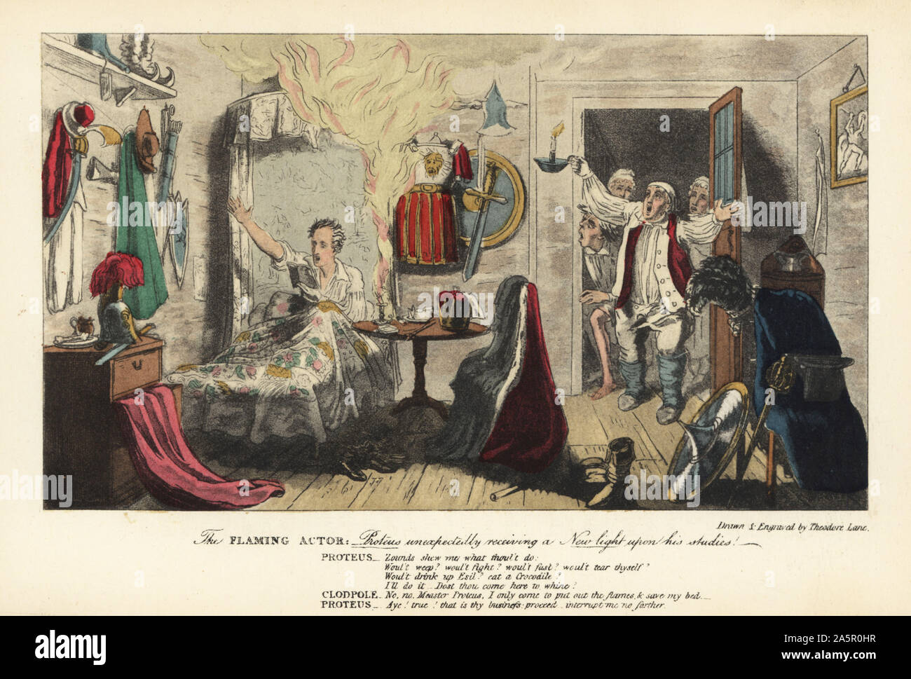 A fire in the bedroom of a Regency gentleman actor. The room crammed ...