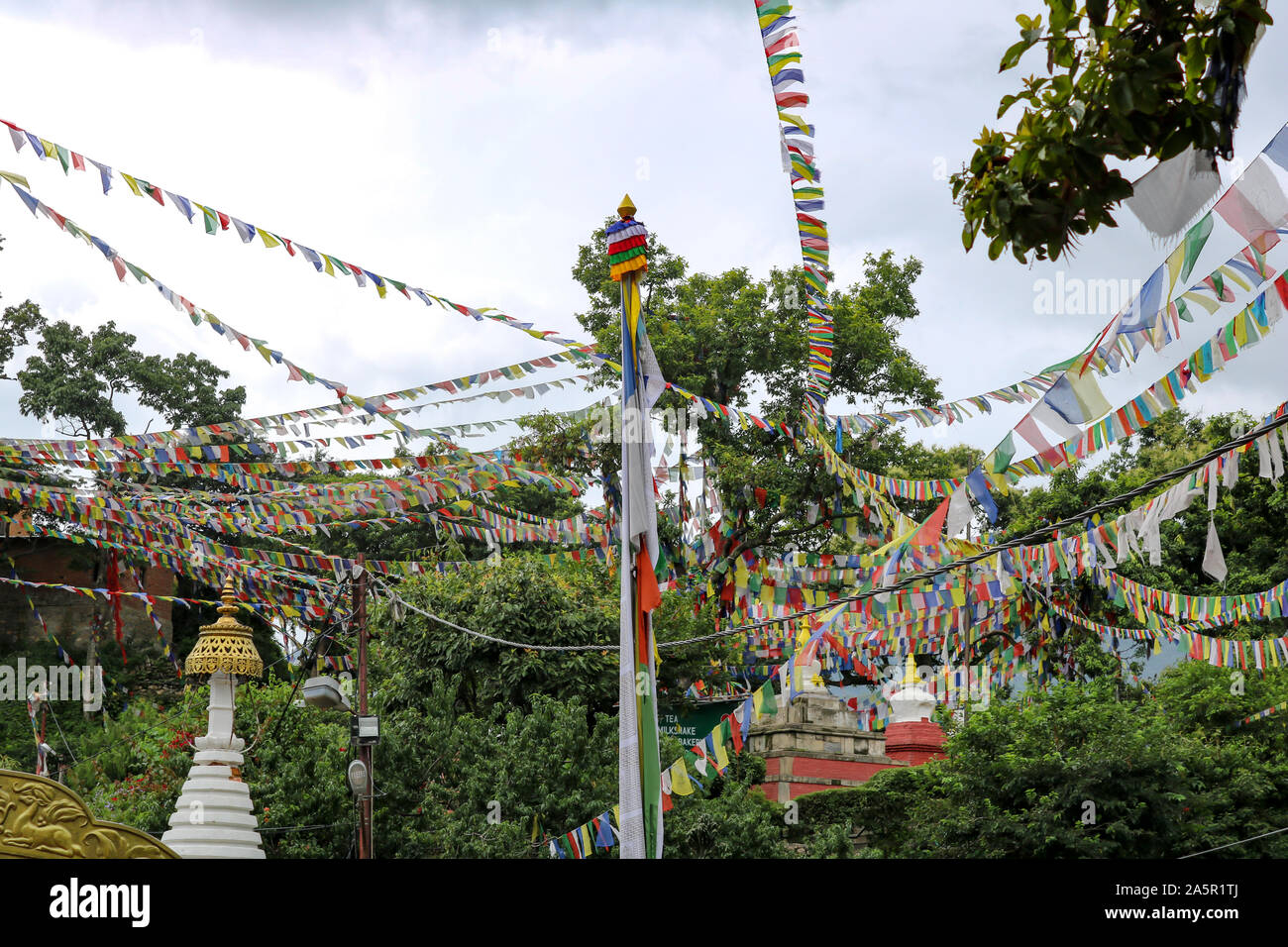 Swayambhunath, the monkey temple, with prayer flags, Kathmandu, Nepal ...