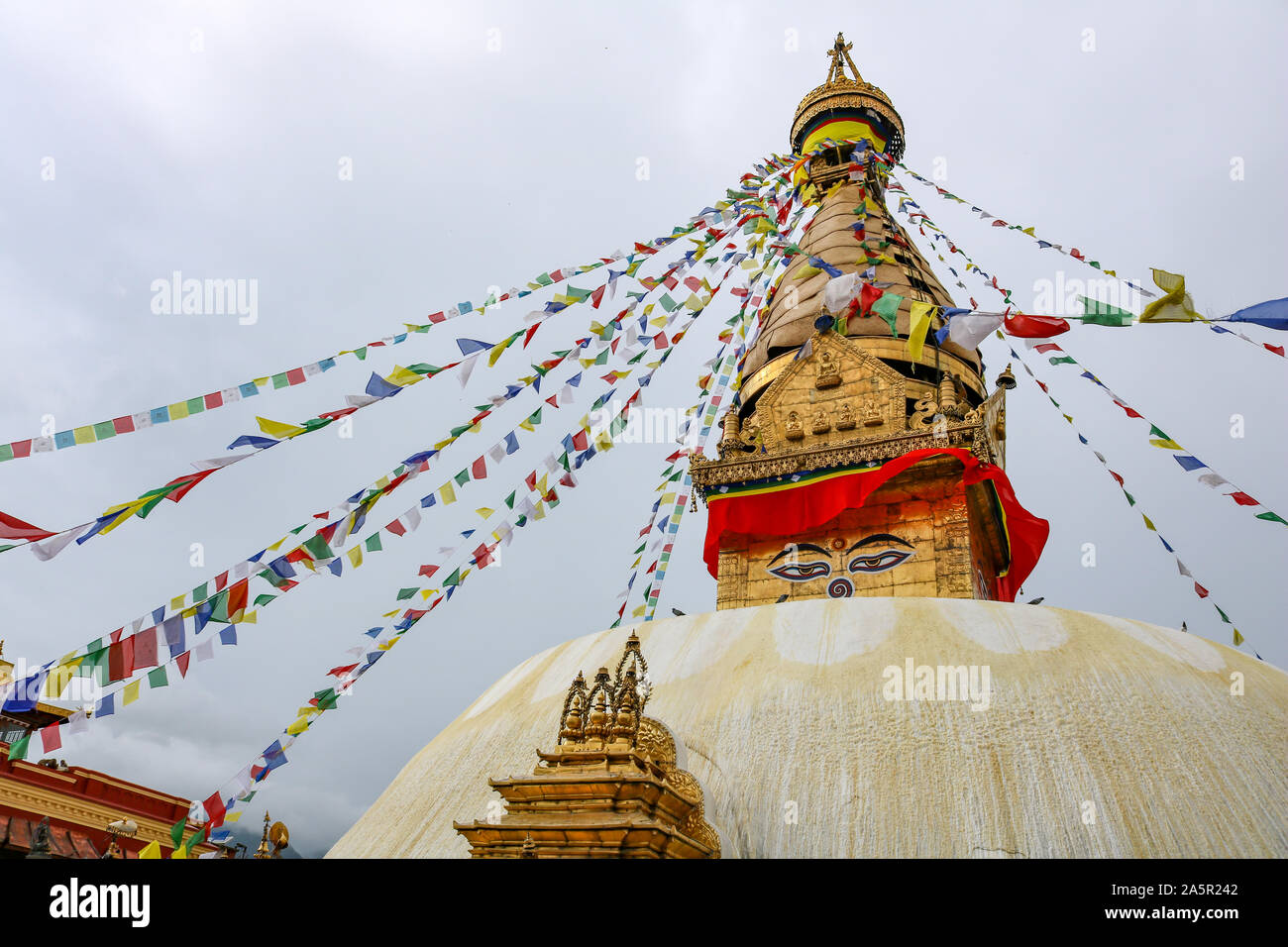 Swayambhunath, the monkey temple, with prayer flags, Kathmandu, Nepal ...