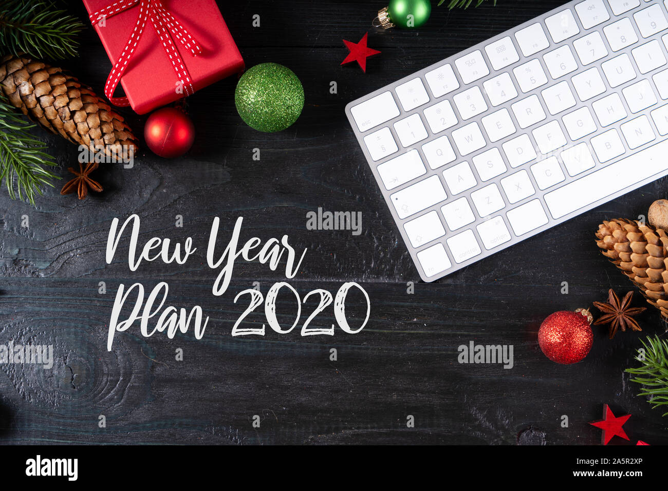 New Years 2020 plan. Christmas home office desk with keyboard and ...