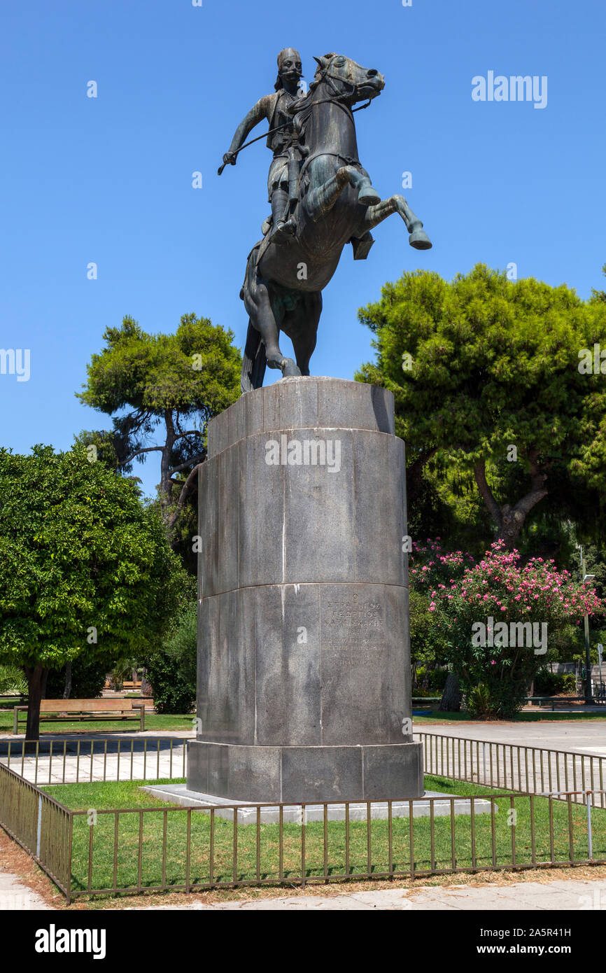 Equestrian statue of General Karaiskakis by Michael Tombros opposite ...