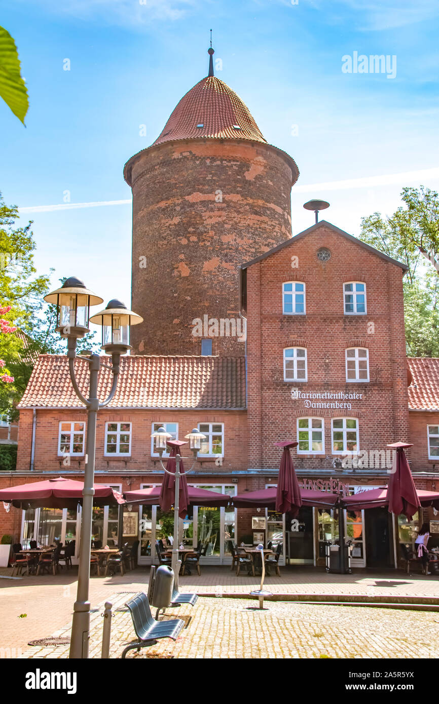Dannenberg, Germany - May 23, 2019: A small square with a historic ...