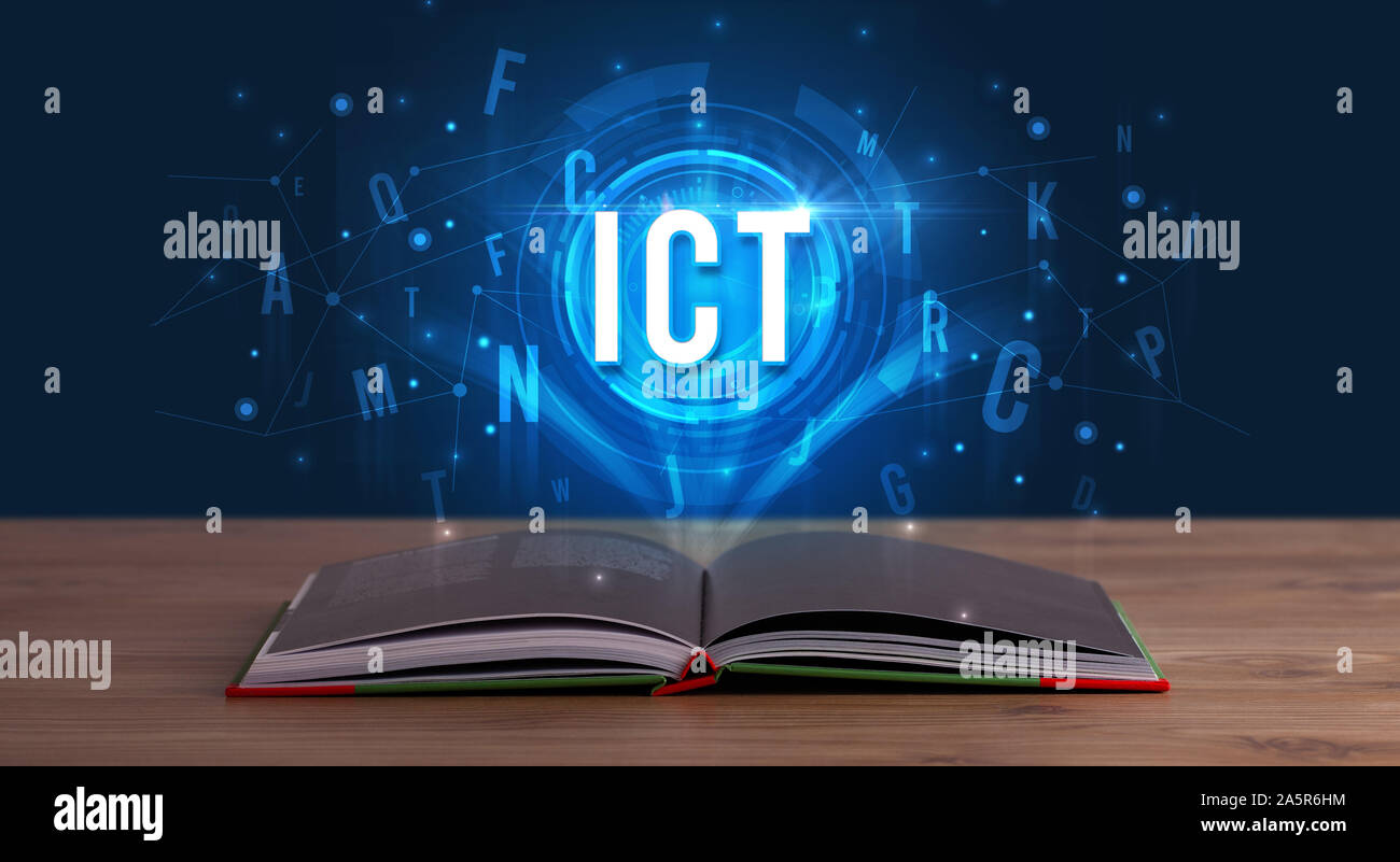 ICT inscription coming out from an open book, digital technology ...