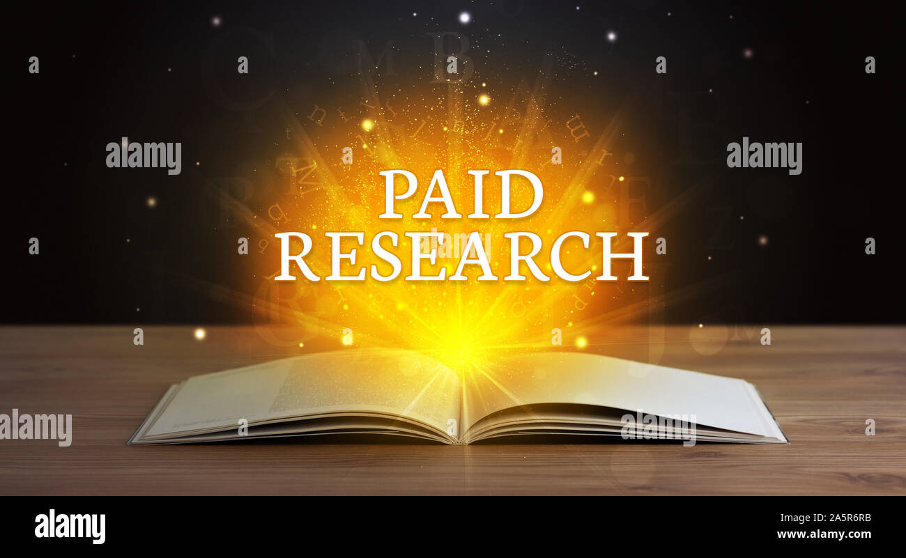 PAID RESEARCH inscription coming out from an open book, educational ...