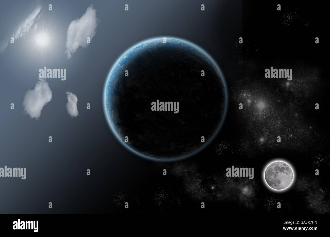 Solar system, the galaxy, with stars clouds moon and sun Stock Photo ...