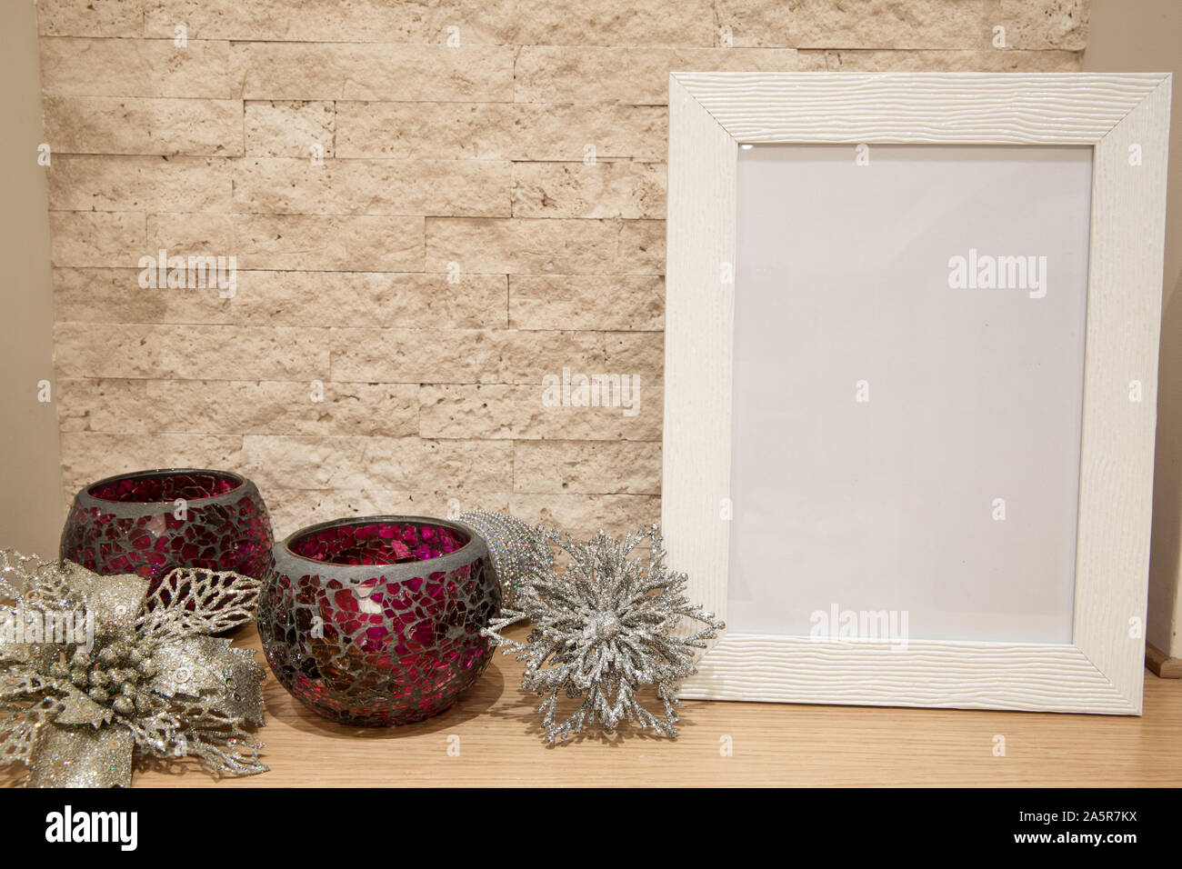 Violet candlestick and silver Christmas decoration, mock up and copy ...