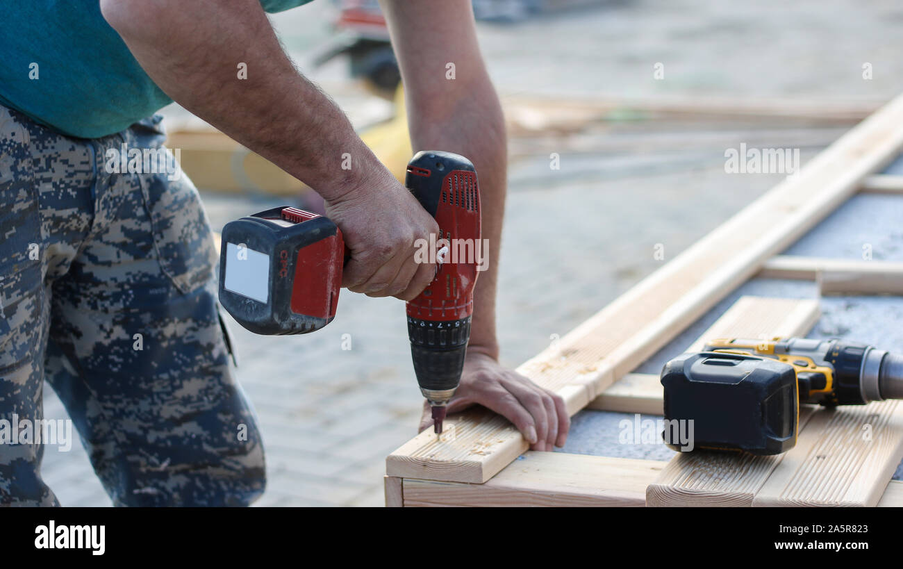construction worker with drill tools Stock Photo - Alamy