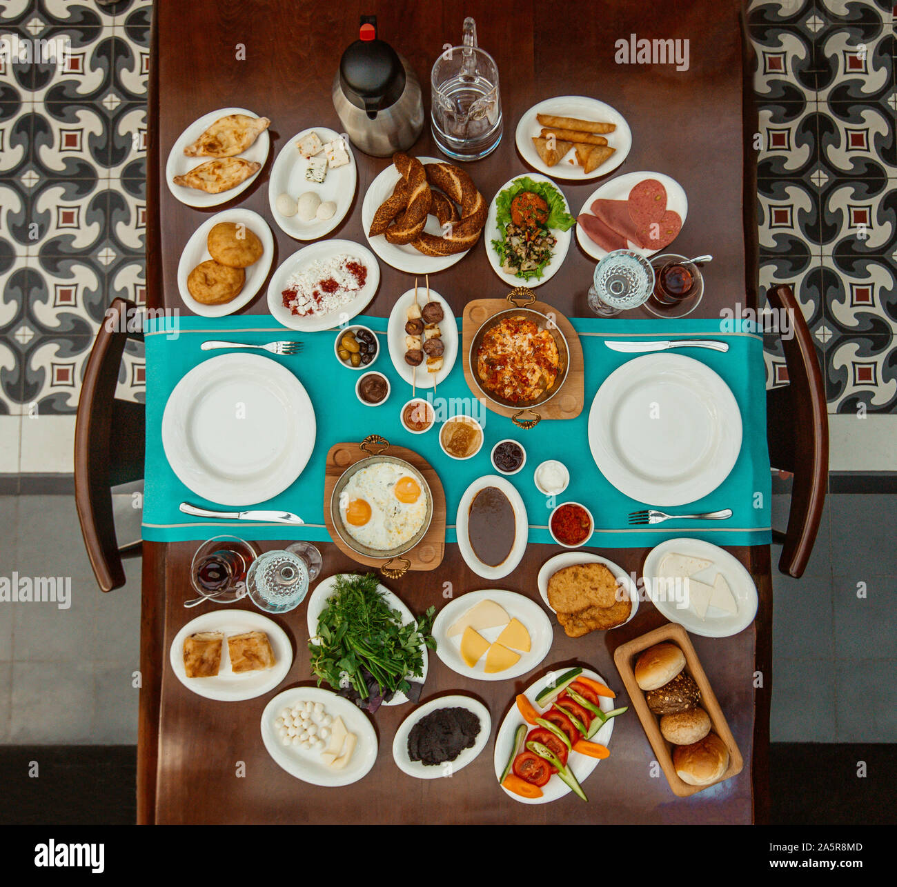 top view of traditional azerbaijani breakfast set at the restaurant ...