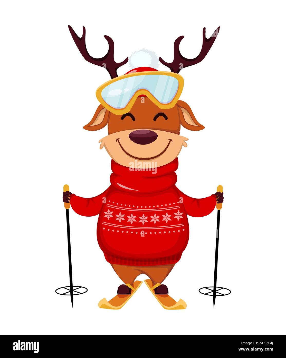 Merry Christmas. Funny reindeer goes skiing. Cute cartoon character ...