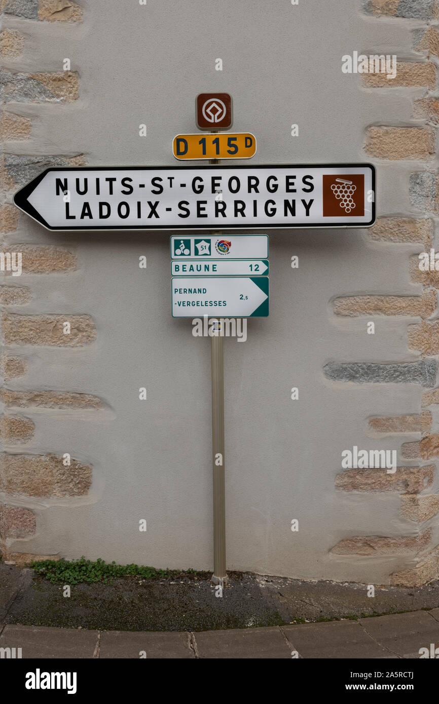 French road signs at the village of Aloxe-Corton, Nuits Saint Georges ...
