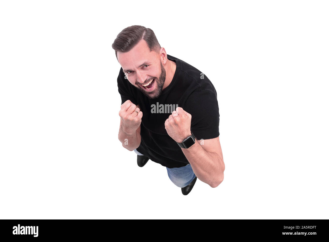 top view. happy young man looking at camera Stock Photo - Alamy