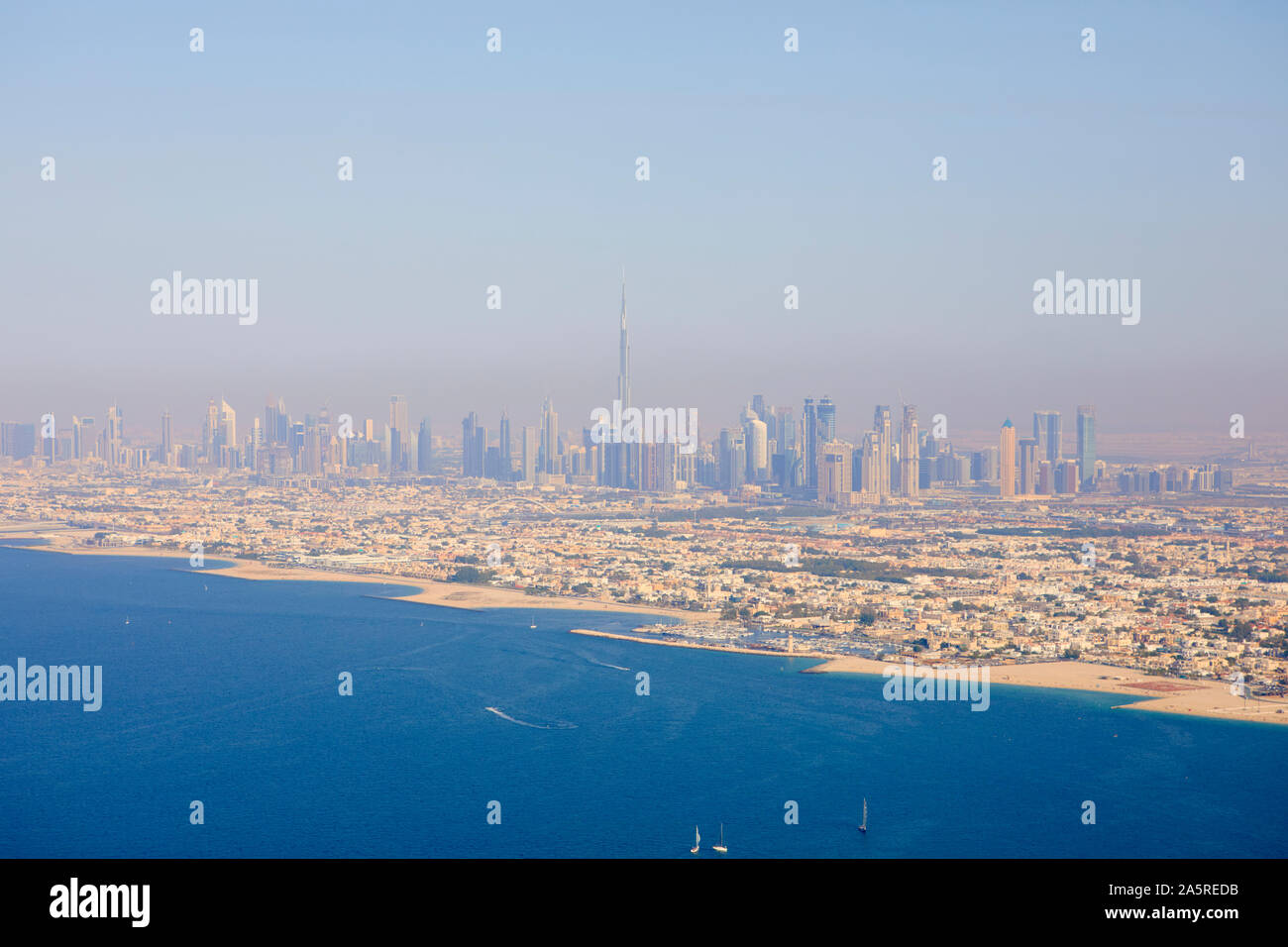 Aerial view of the city with the Burj Khalifa seen from the helicopter ...