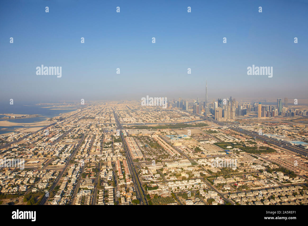 Aerial view of the city with the Burj Khalifa seen from the helicopter ...