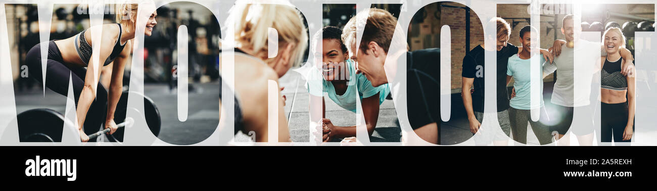 Collage of a group of fit people planking, lifting weights and relaxing ...