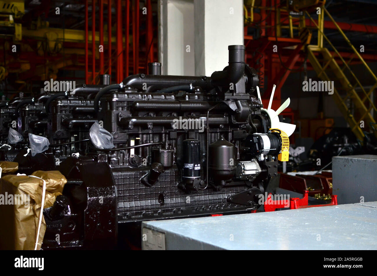 New engines for trucks and tractors on an industrial factory assembly ...