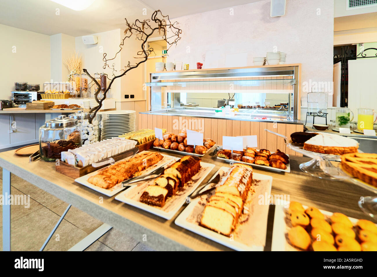Hotel sweet cakes pastry breakfast restaurant interior background Stock ...