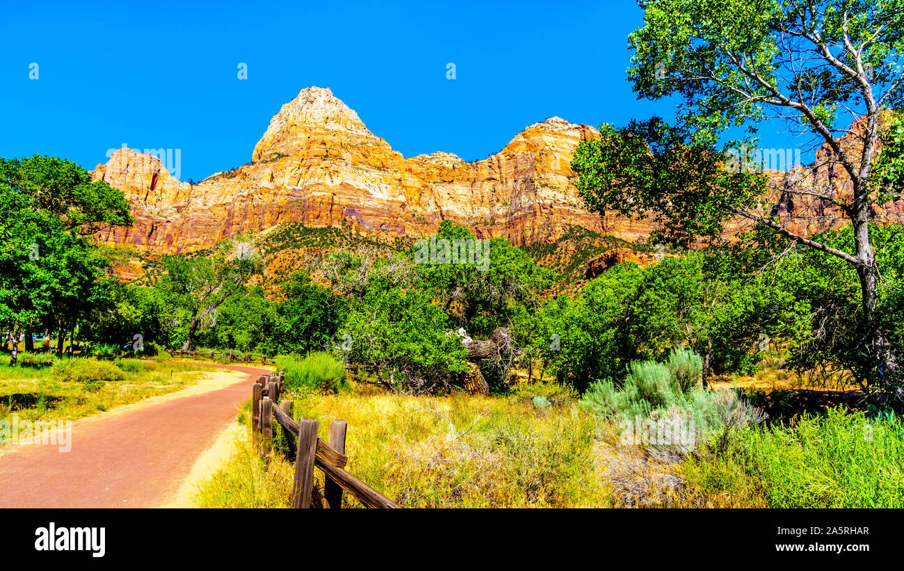 The Red, Pink and Cream colored sandstone of Bridge Mountain viewed ...