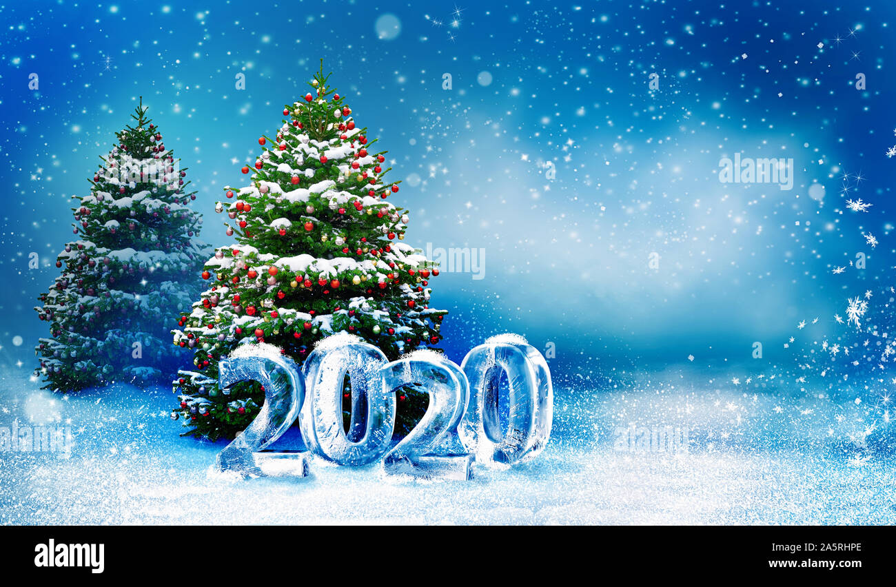 Beautiful snowy Christmas background with two New Year trees. Christmas ...