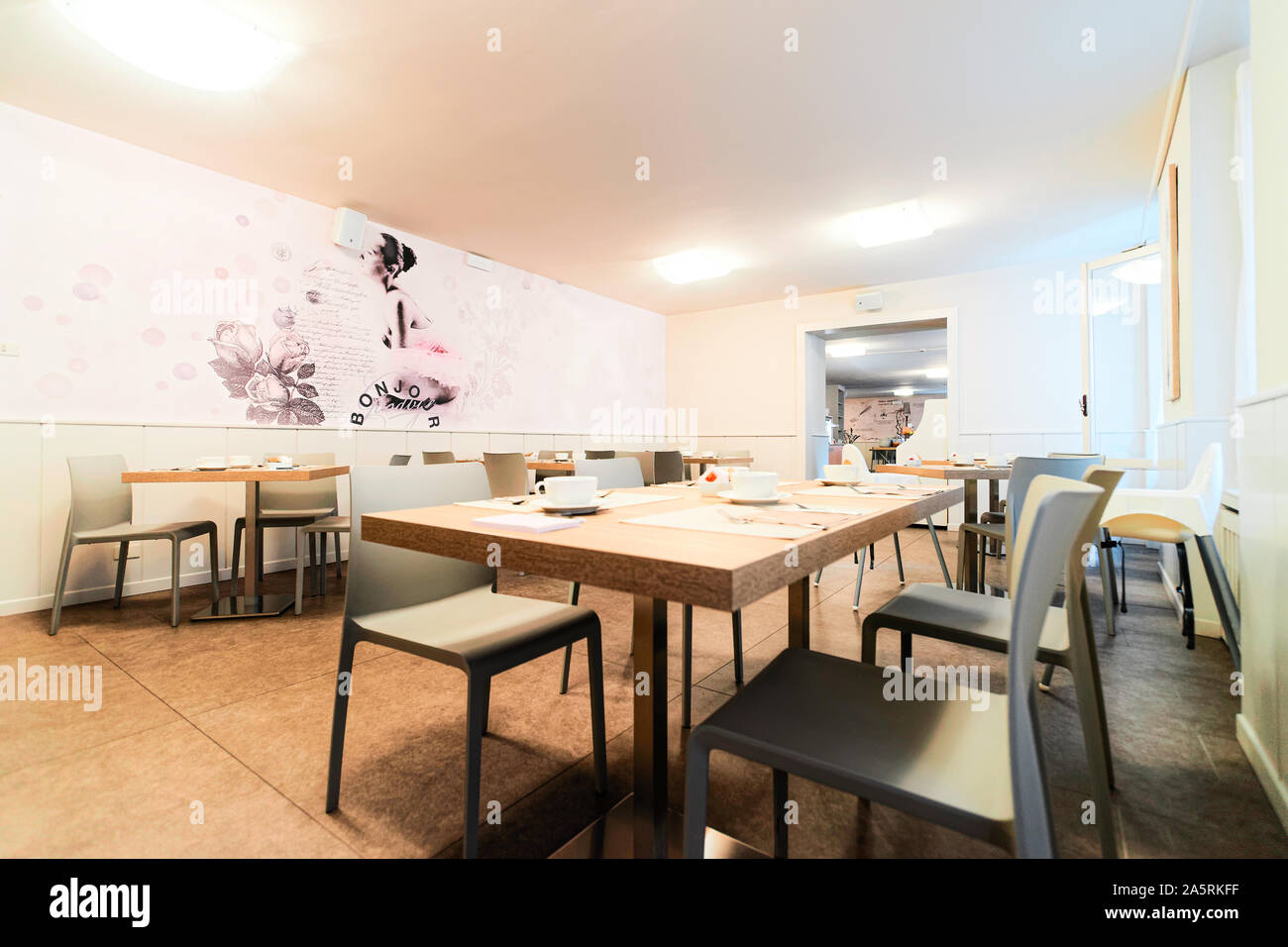 Hotel breakfast restaurant cafe interior on background architecture ...