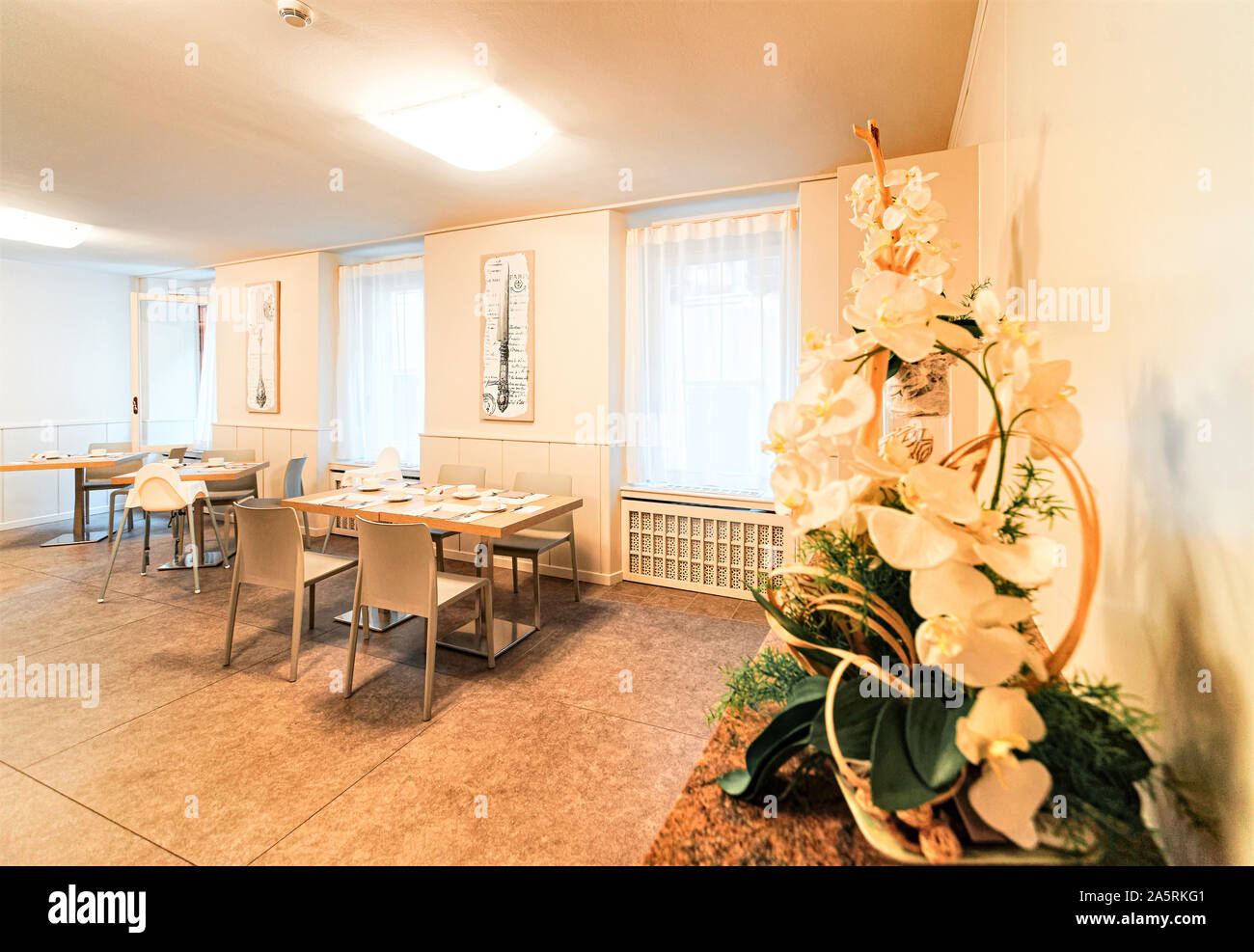 Hotel breakfast restaurant cafe interior and background architecture ...