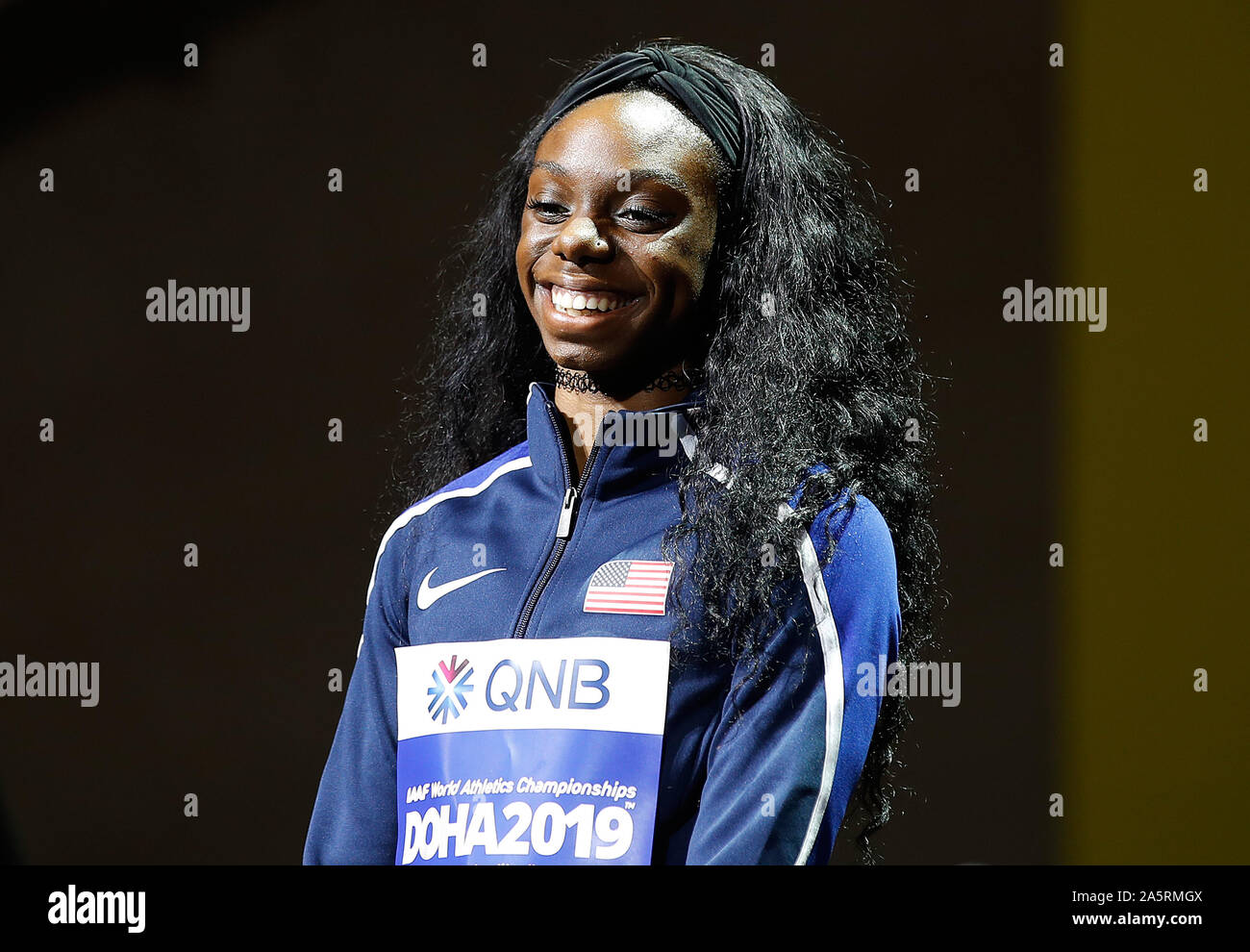 USA's Brittany Brown on the podium before receiving her silver medal ...