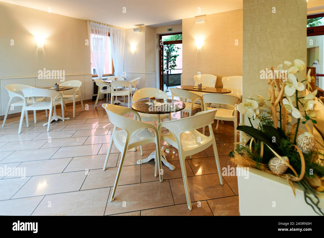 Hotel and breakfast restaurant interior with background architecture ...