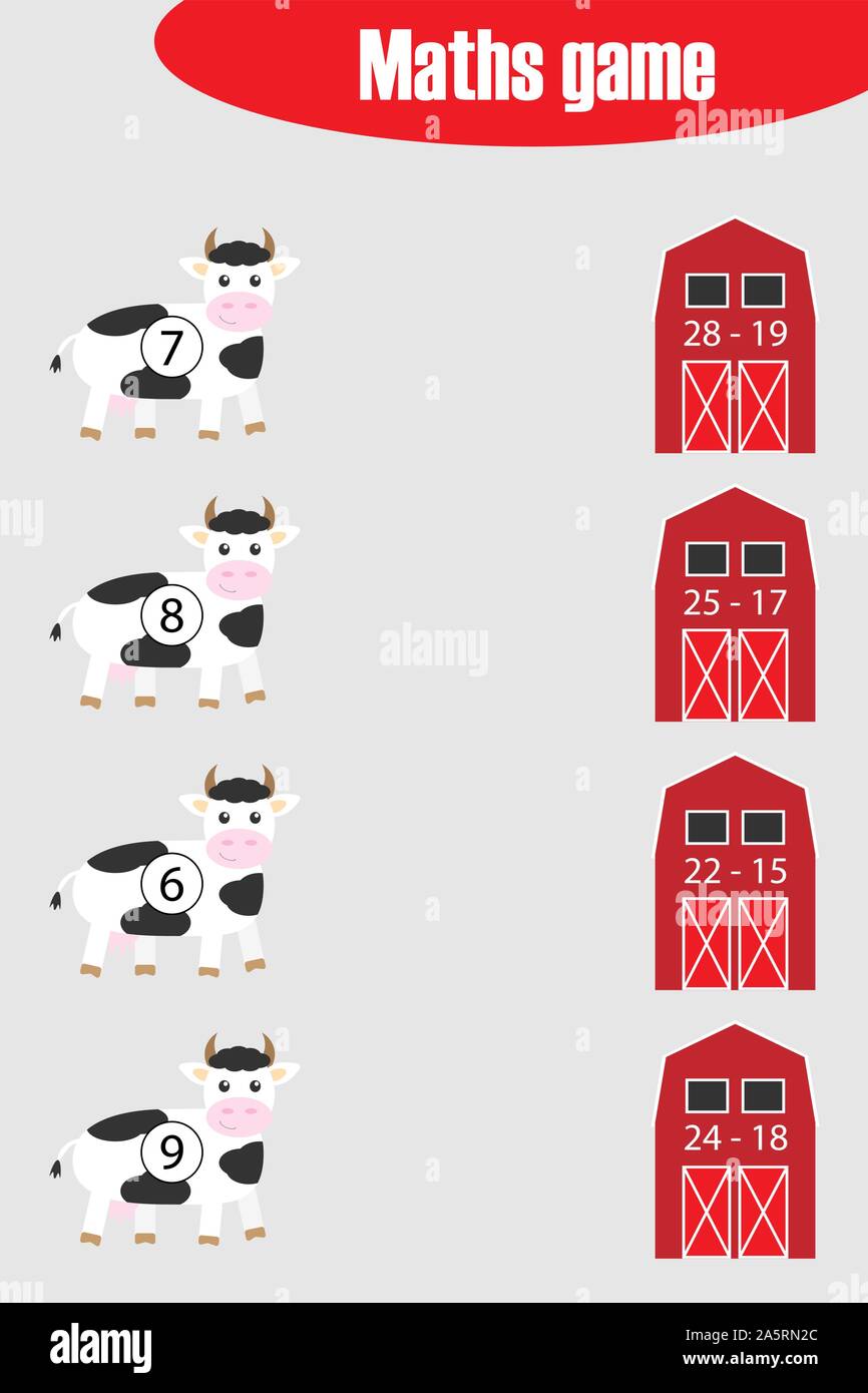 Maths game with pictures of cow and farm barn for children, easy level ...