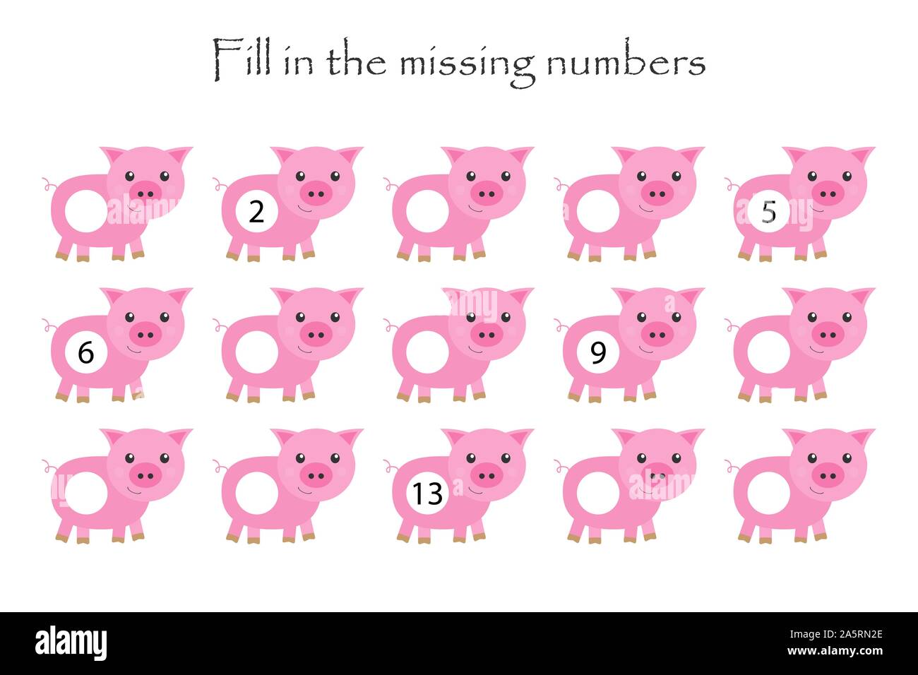 Game with pigs for children, fill in the missing numbers, middle level ...