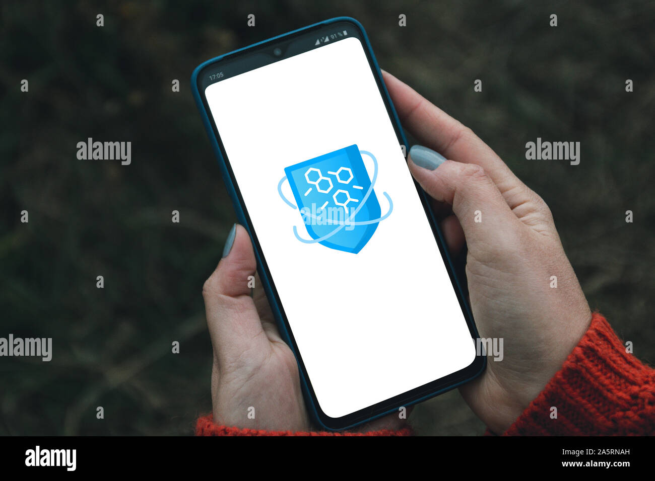 Cyber protection concept. Virtual antivirus program shield icon. Female ...