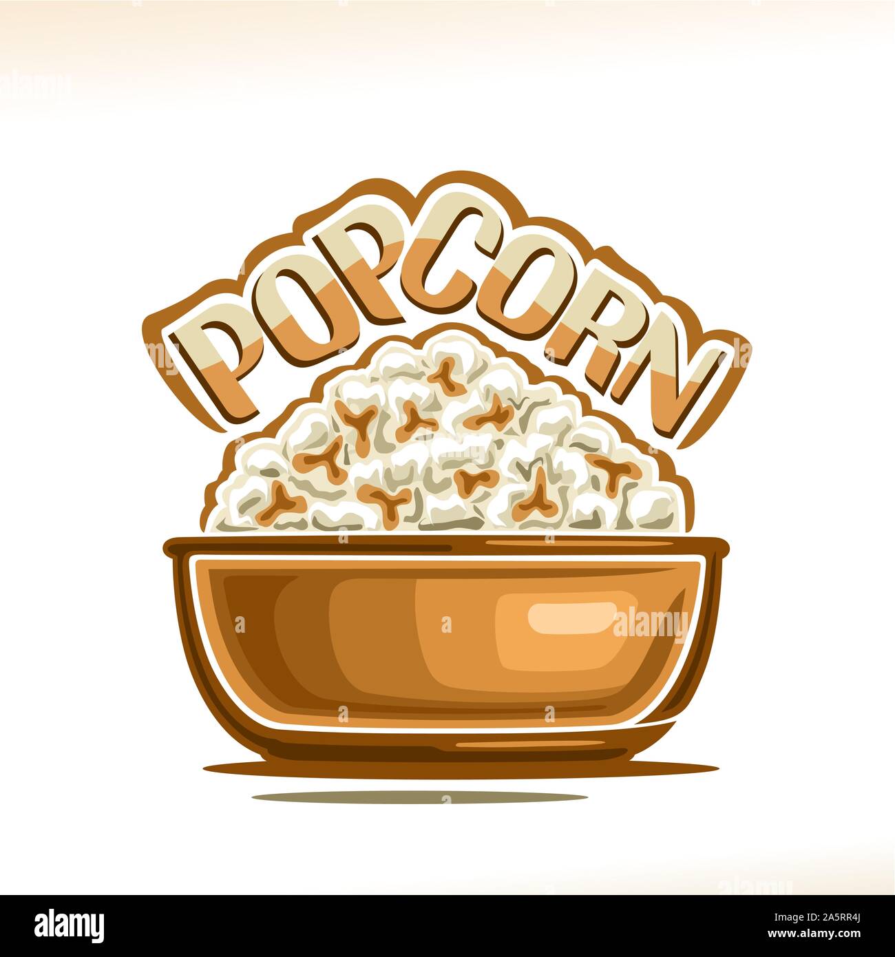 Vector poster for Popcorn, brown bowl filled of homemade salted pop ...