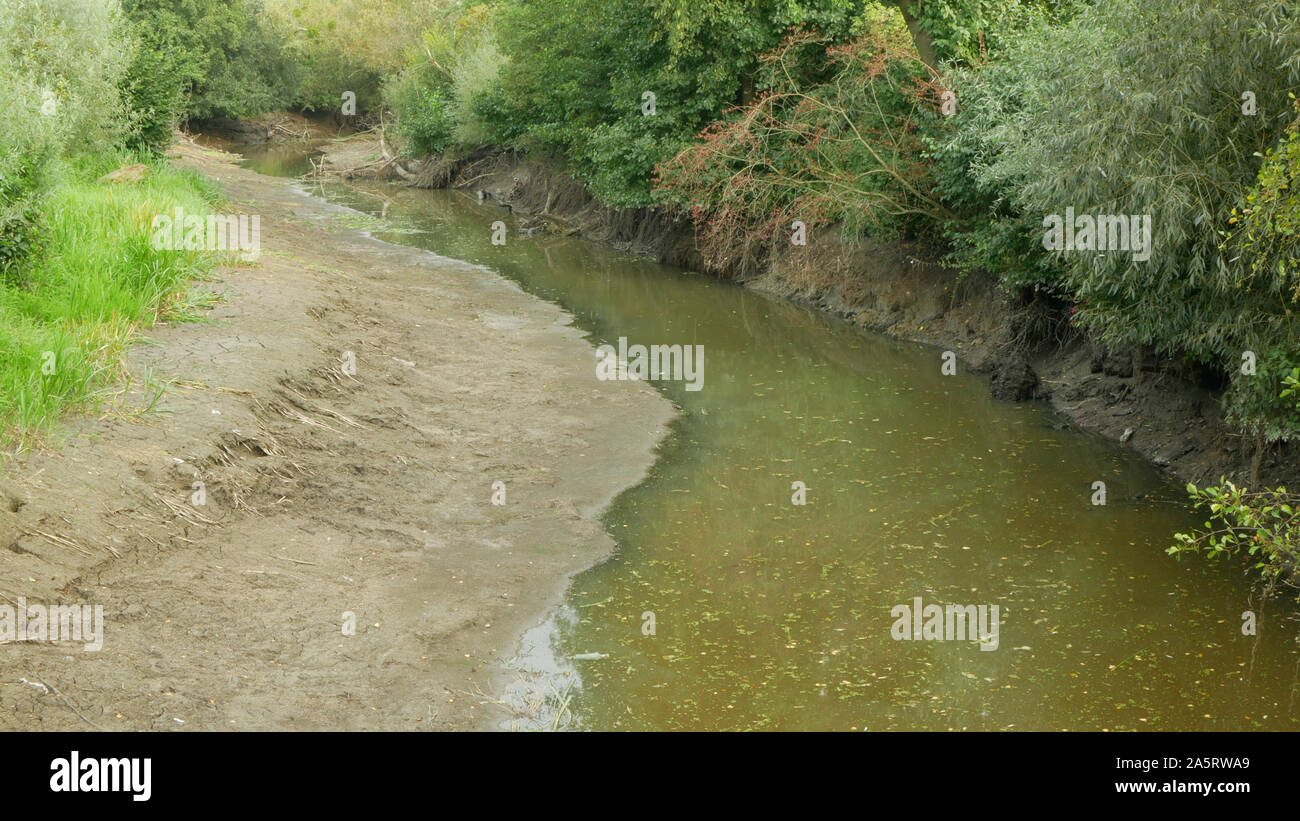 Drought and drying river Morava water, dry up the soil cracked, a ...