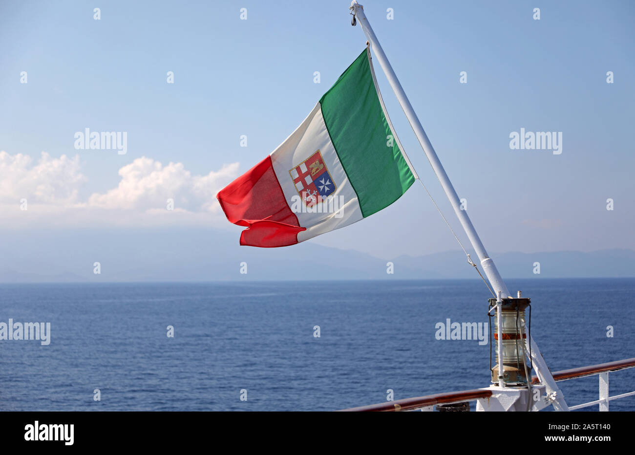 Italian flag on the big ship with symbols of Maritime Italian Republic ...