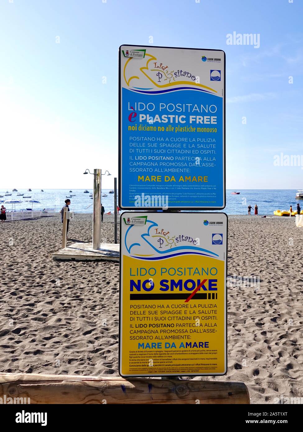 Lido Positano, Mediterranean coast beach signs stating the beach is ...