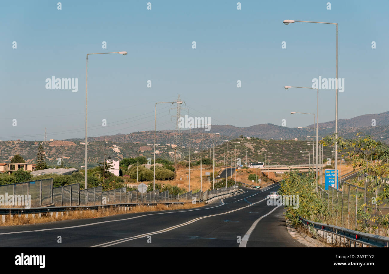Crete, Greece. October 2019. Approaching the turn off for Malia on the ...