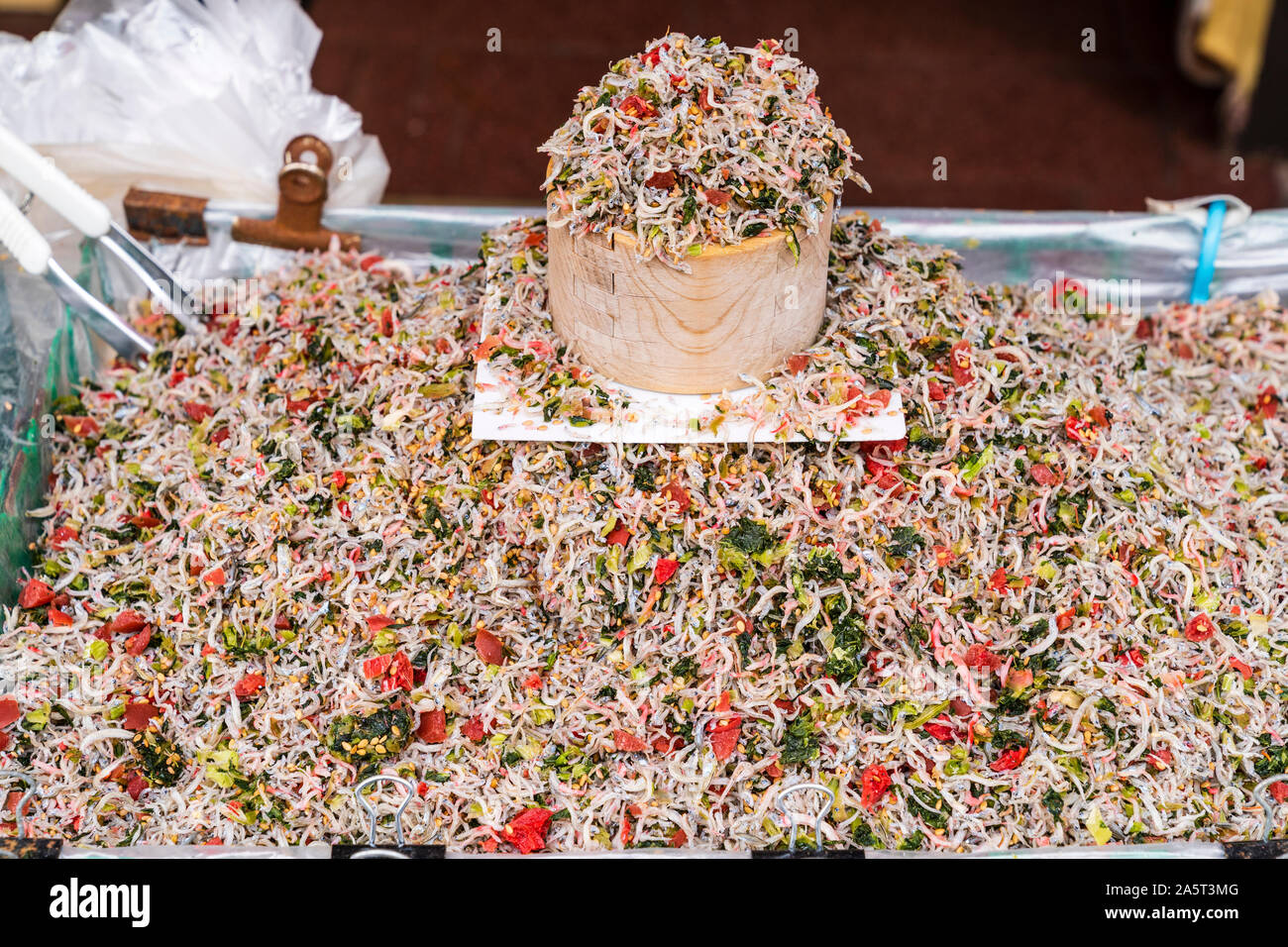 Tiny dried fish displayed outside store at Sugamo, Tokyo. Named ...