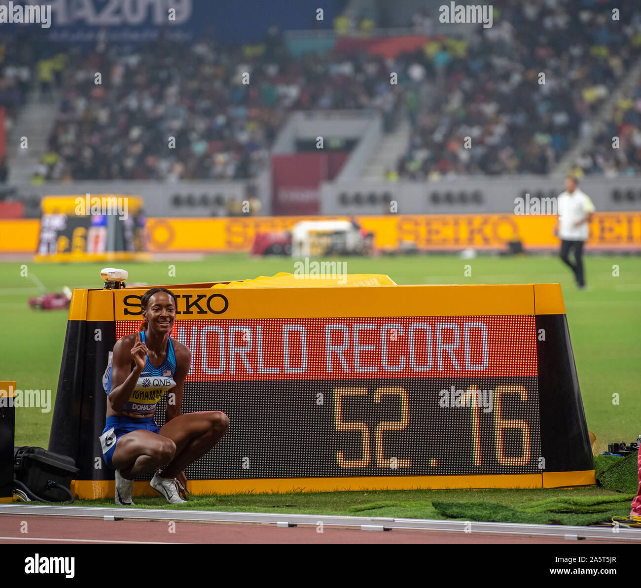 DOHA - QATAR Oct 4: Dalilah Muhammad of the USA celebrating her world ...