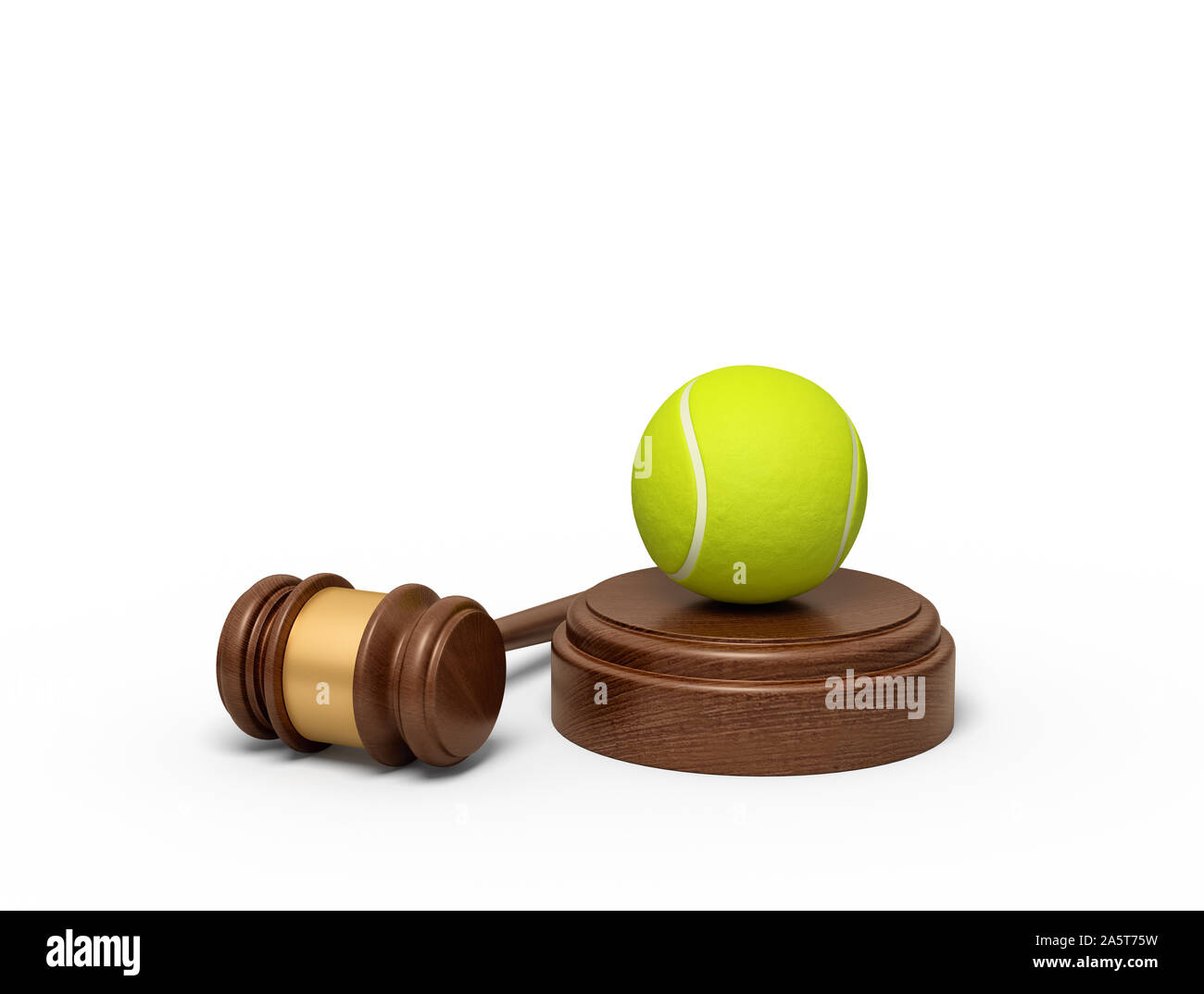 3d rendering of yellow tennis ball on round wooden block and brown ...