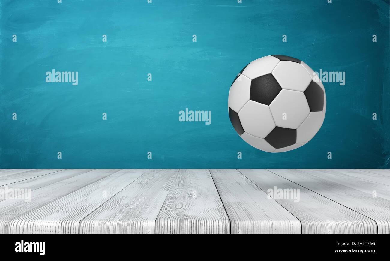 3d rendering of football ball on white wooden floor and dark turquoise ...