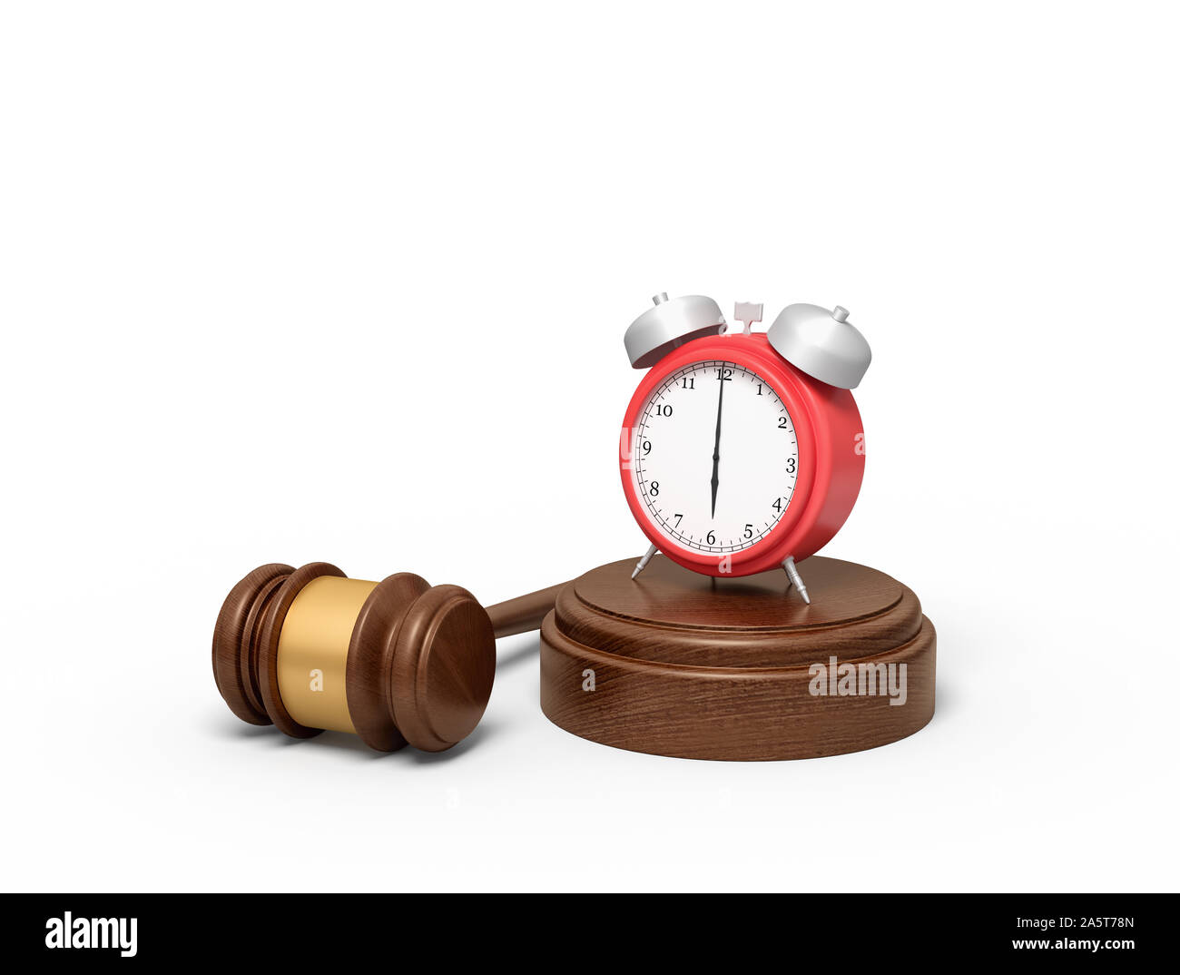 3d rendering of red alarm clock standing on sounding block with judge ...