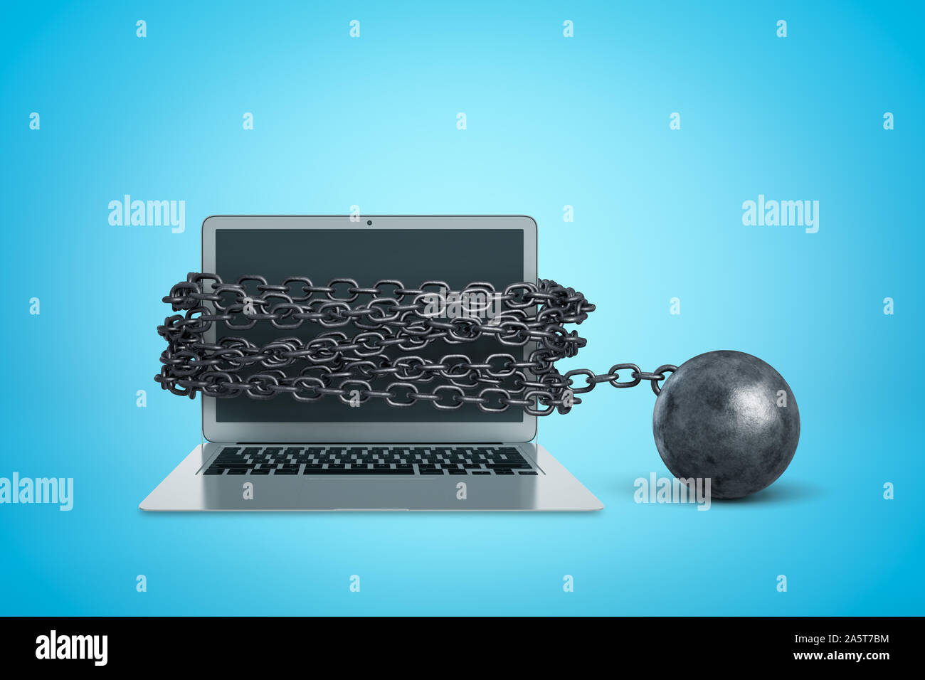 3d rendering of laptop chained with metal ball on blue background Stock ...