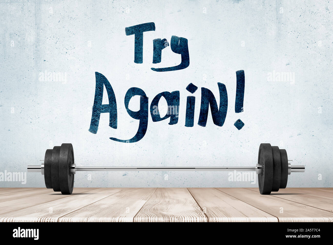 3d rendering of metal training bar-bell on white wooden floor with 'Try ...