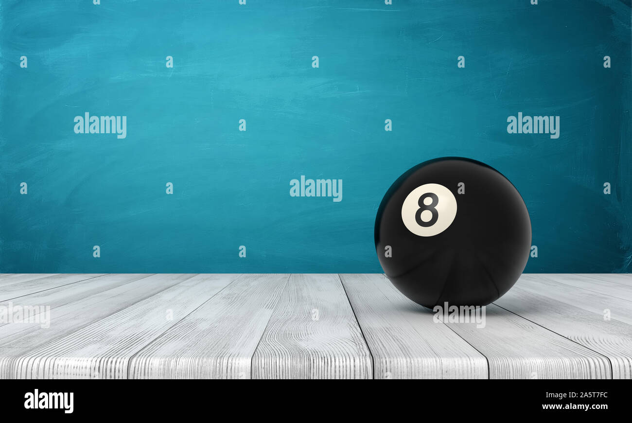 3d rendering of black pool and billiard ball on white wooden floor and ...